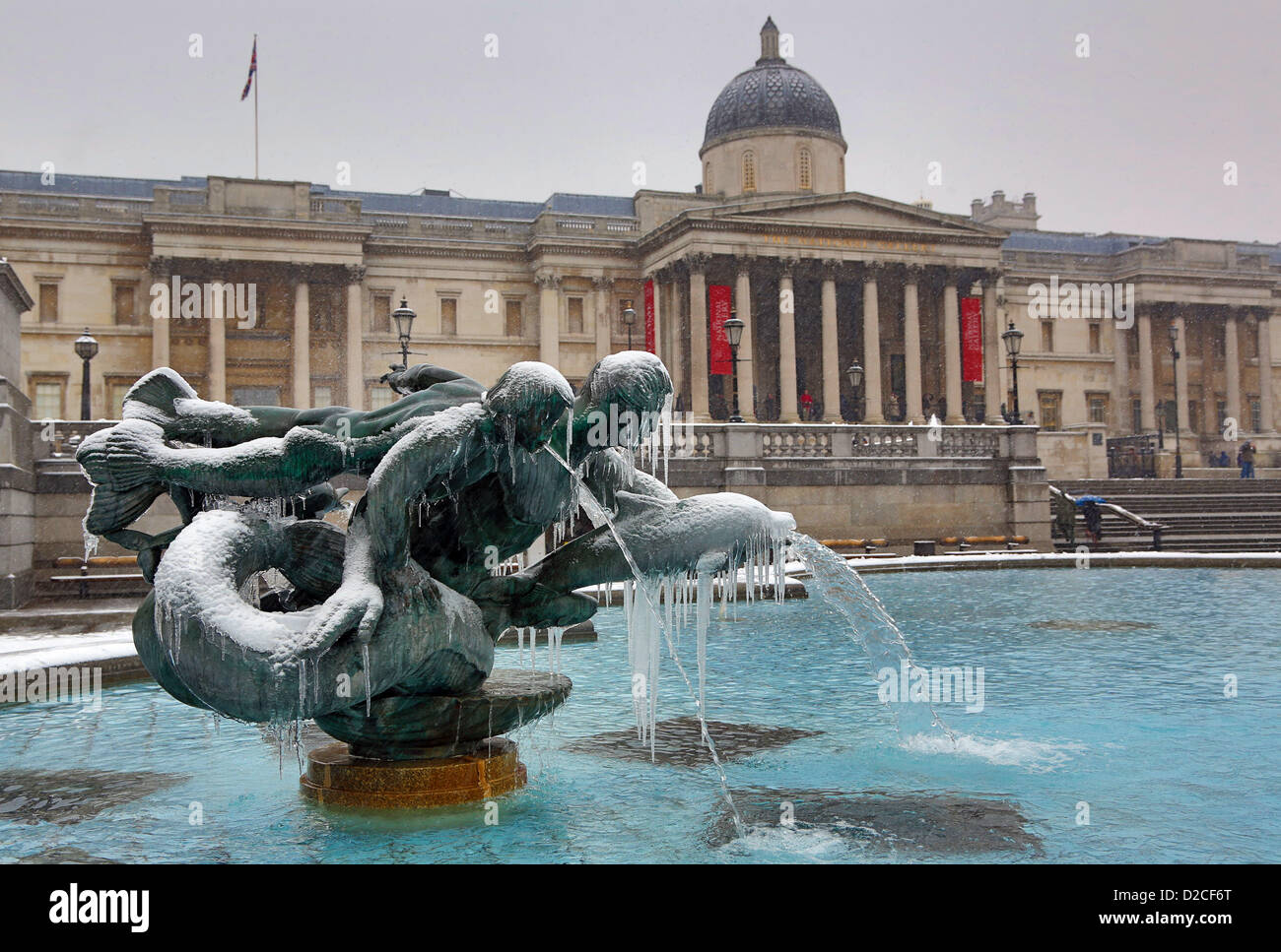 London, UK. 20th January 2013. Snow and ice on frozen fountains in ...