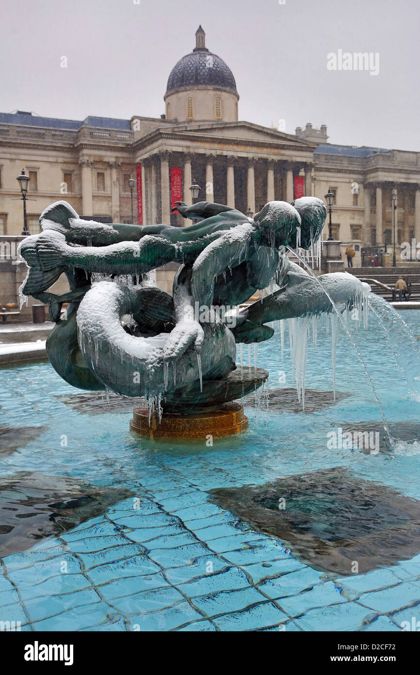 London, UK. 20th January 2013. Snow and ice on frozen fountains in ...