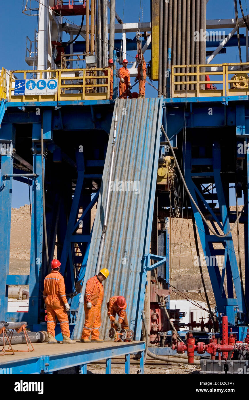 Onshore oil and gas exploration site. Making up wire line logging tools ...