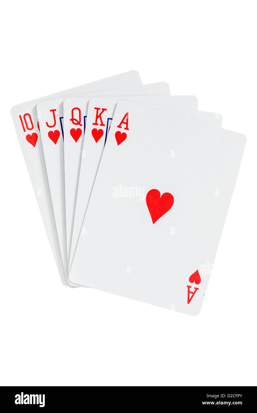 Royal straight flush playing cards poker hand in hearts Stock Photo - Alamy