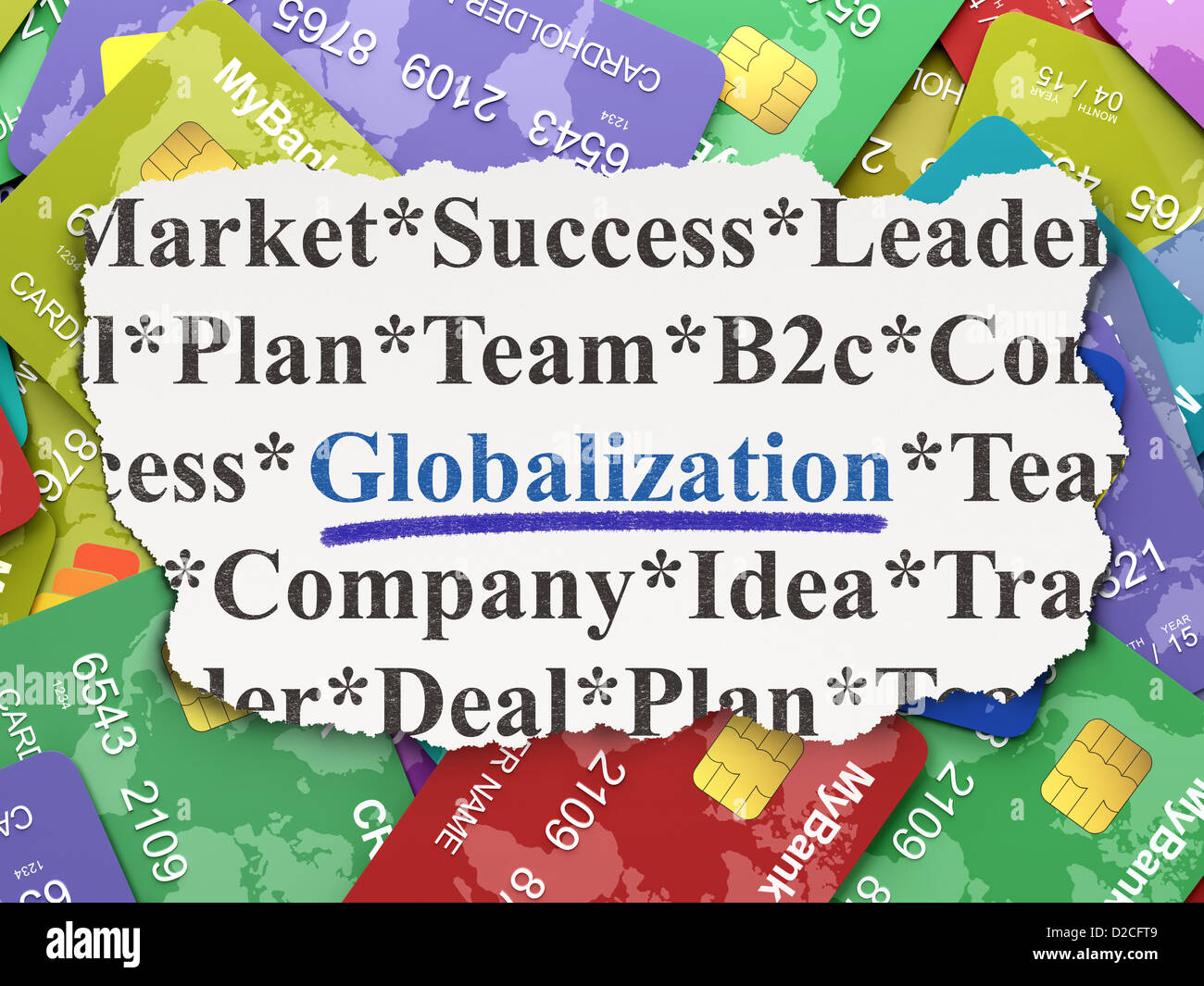 Torn newspaper with words Globalization on credit card background, 3d ...