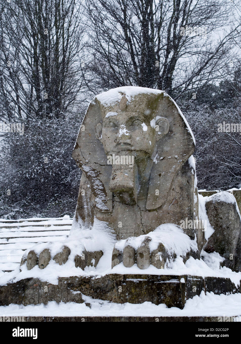 crystal palace sphinx in the snow portrait Stock Photo - Alamy