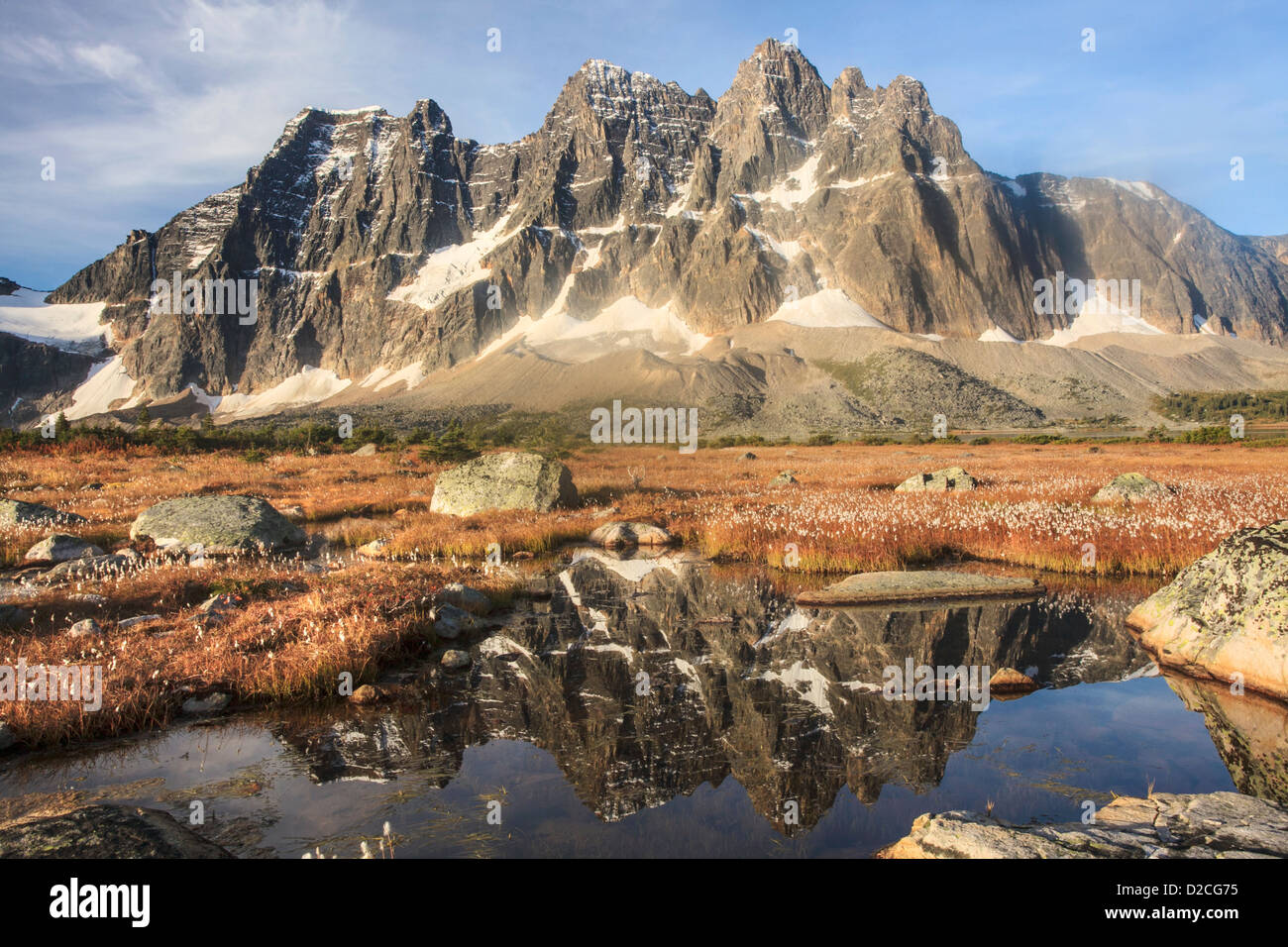 The Ramparts reflected in a pool near Amethyst Lakes in the Tonquin ...