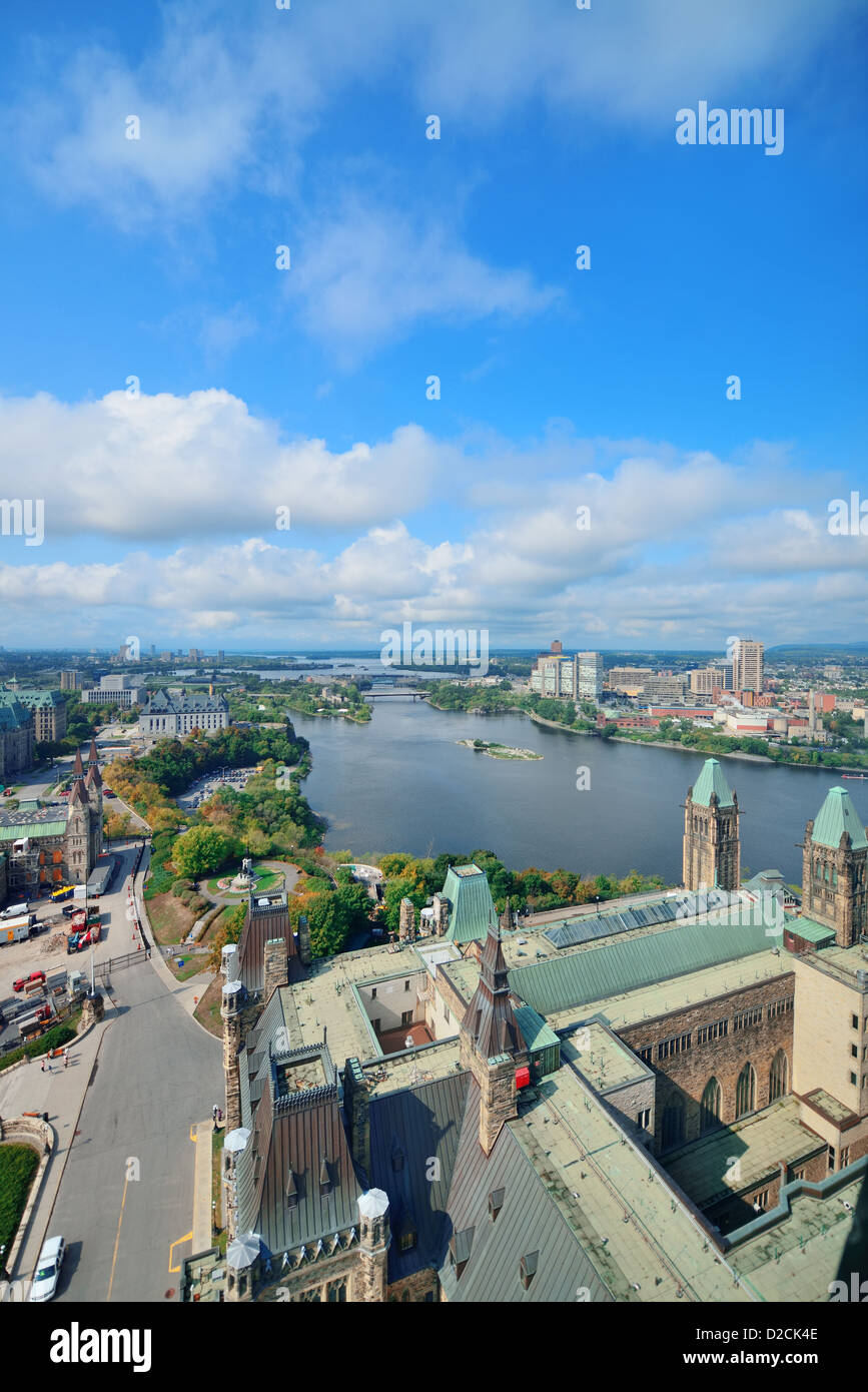 Ottawa cityscape in the day over river with historical architecture ...