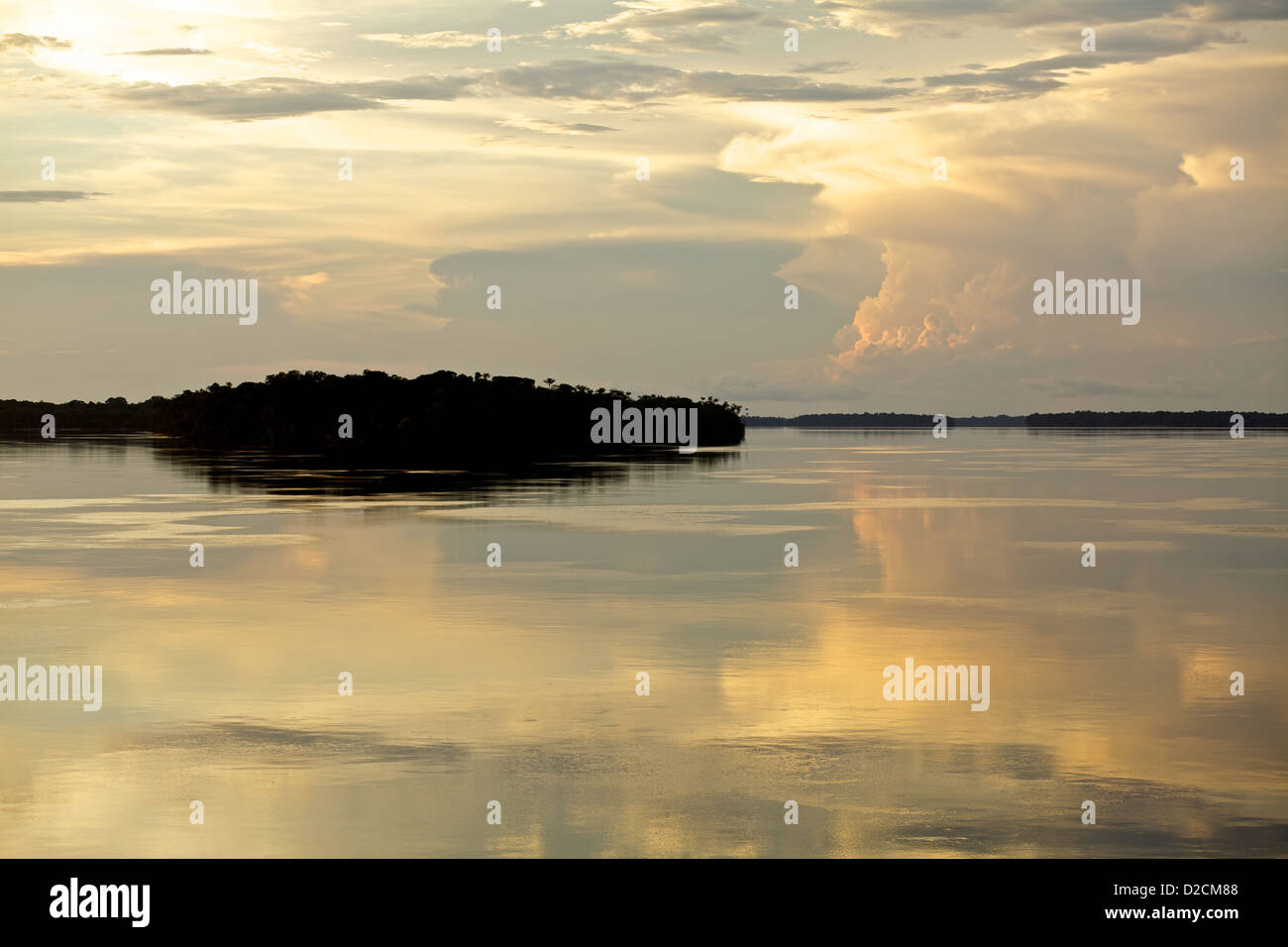Golden Amazon River sunset with tranquil reflections, soft yellow and ...