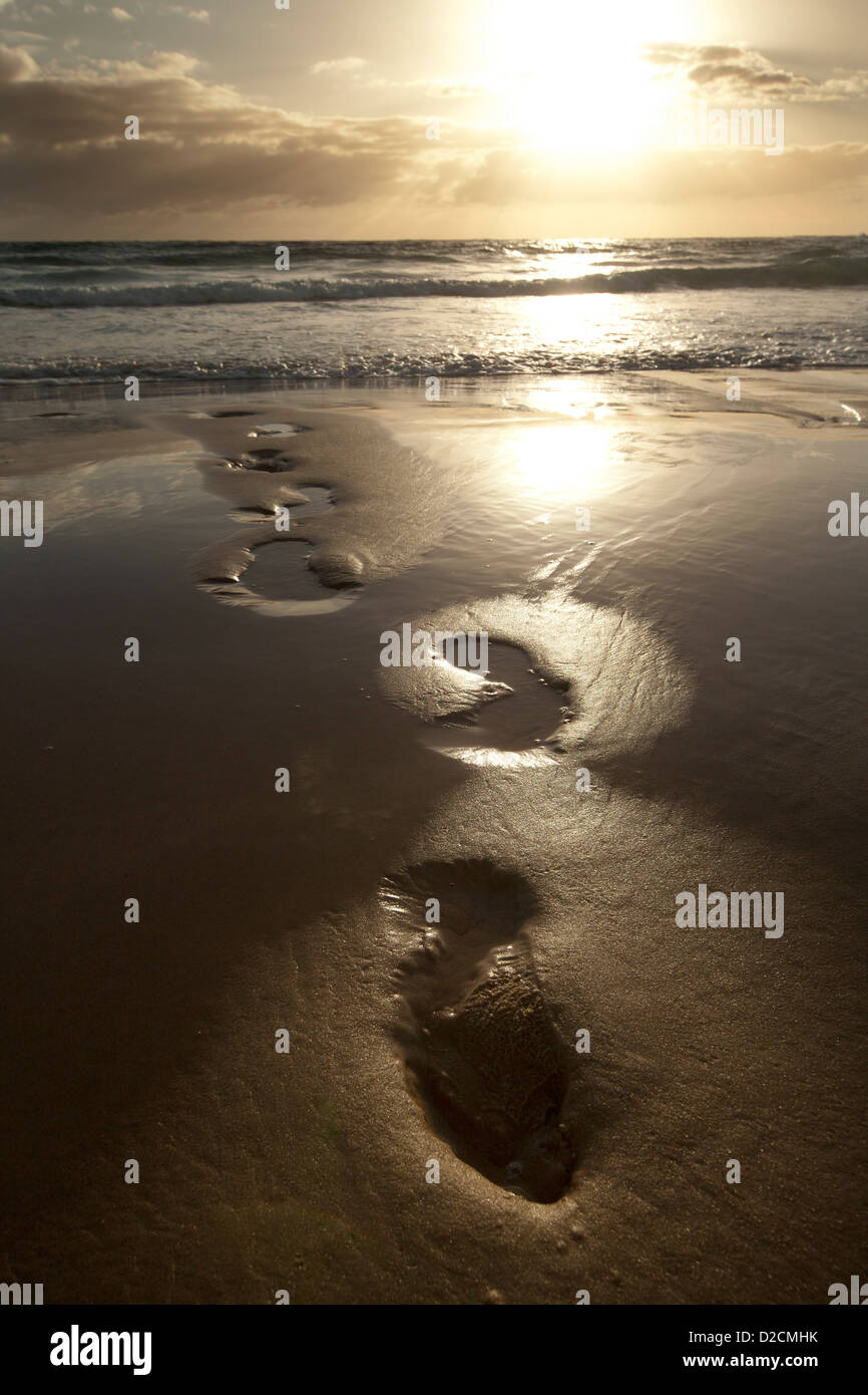 One set of human footprints in the wet sand on a deserted beach in the ...