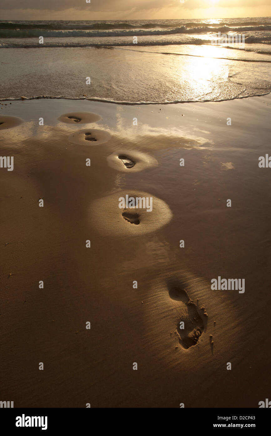 One set of human footprints in the wet sand on a deserted beach in the ...