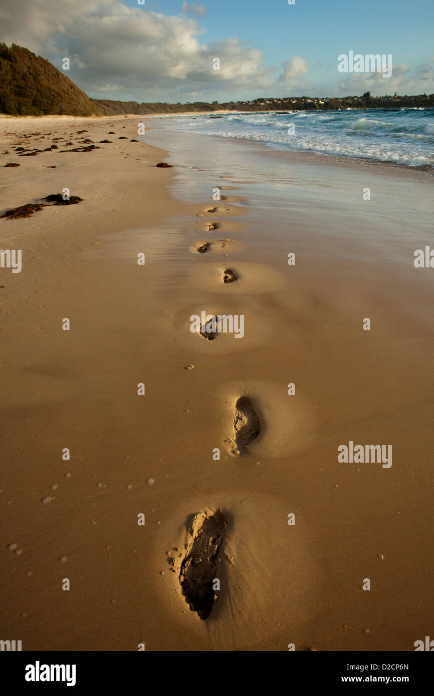 One set of human footprints in the wet sand on a deserted beach in the ...