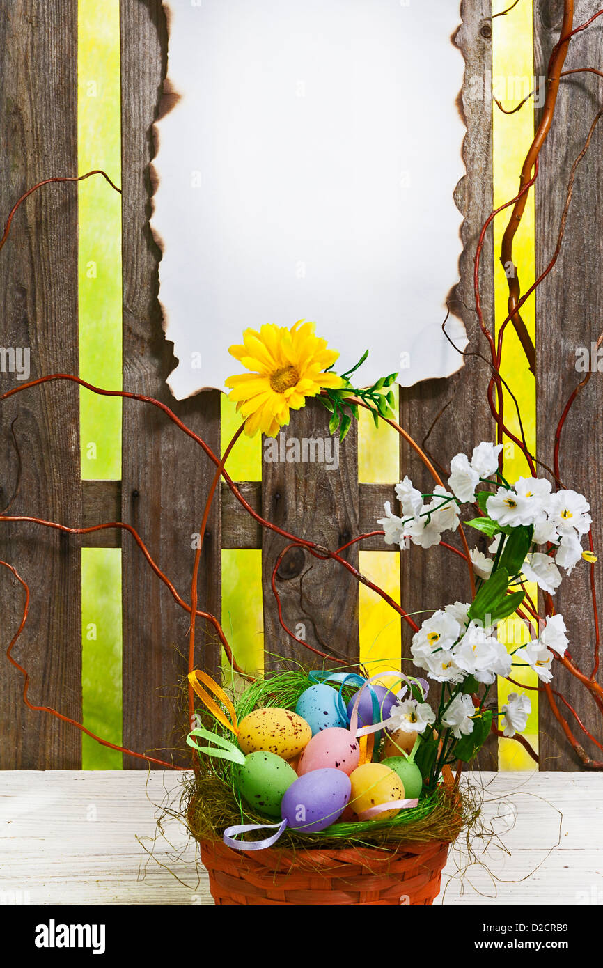Art easter background with fence, eggs, spring flowers, blank card for ...