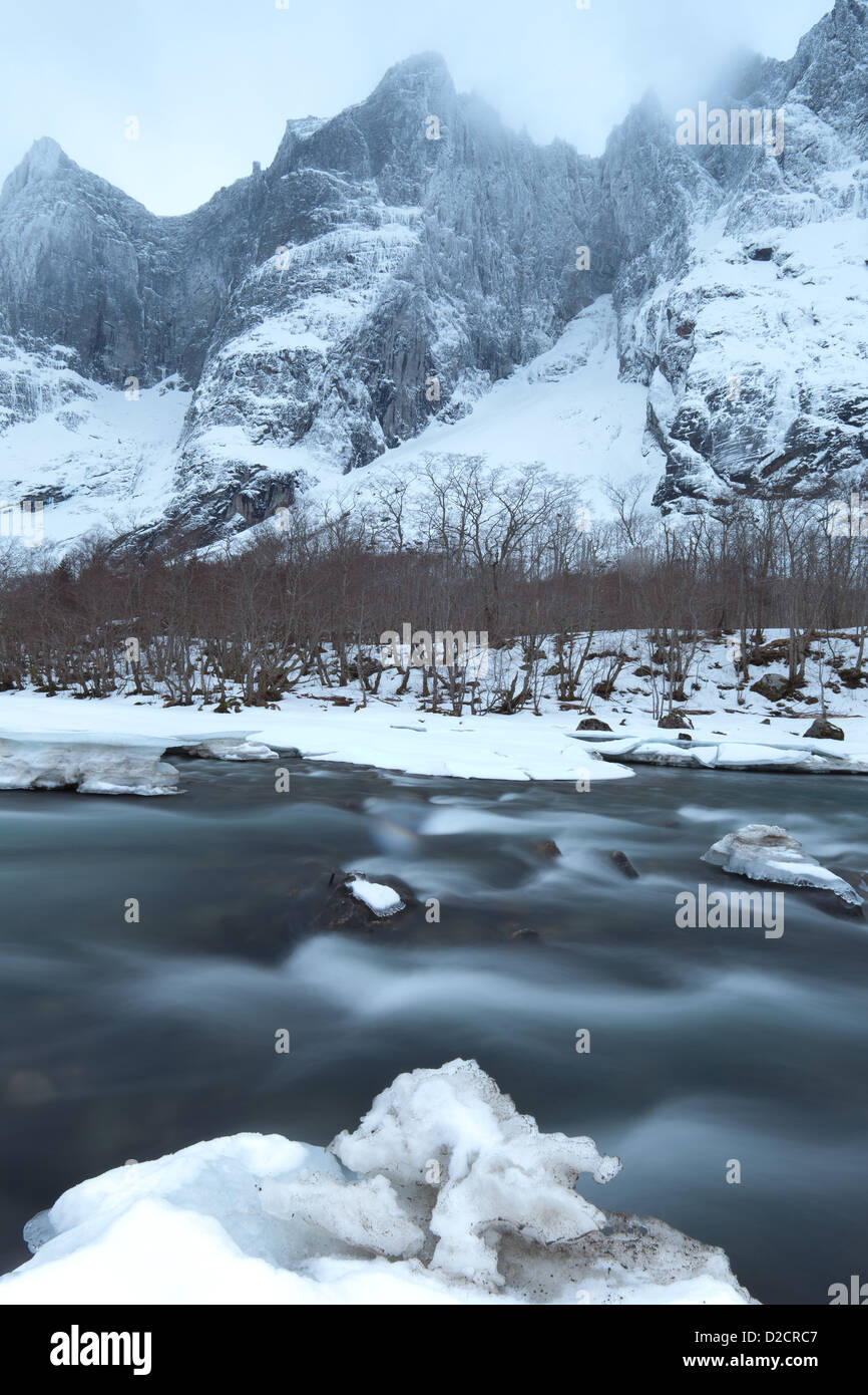 Winter landscape in Romsdalen with view towards the 3000 feet vertical ...