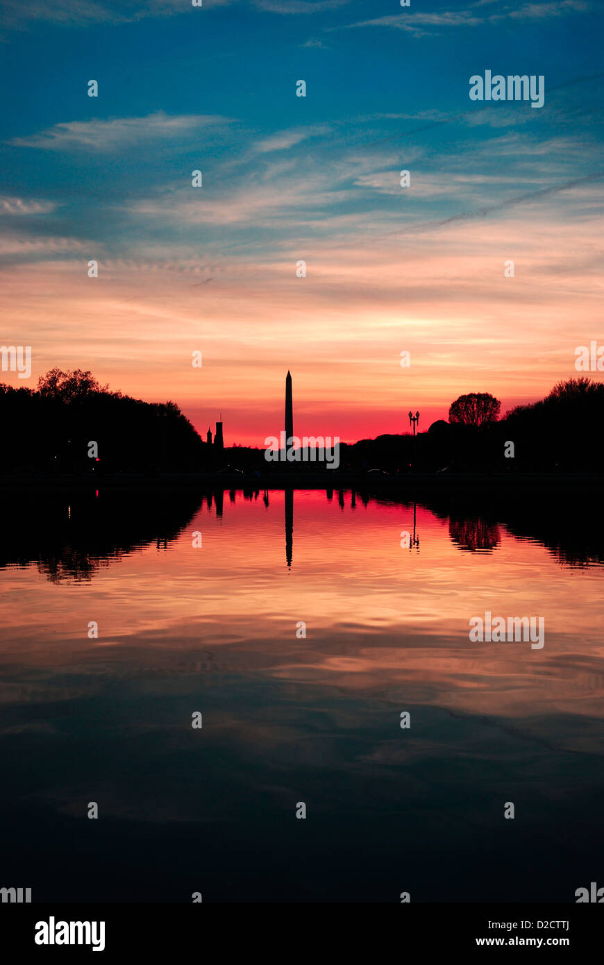 Washington monument sunset with lake reflection silhouette panorama ...