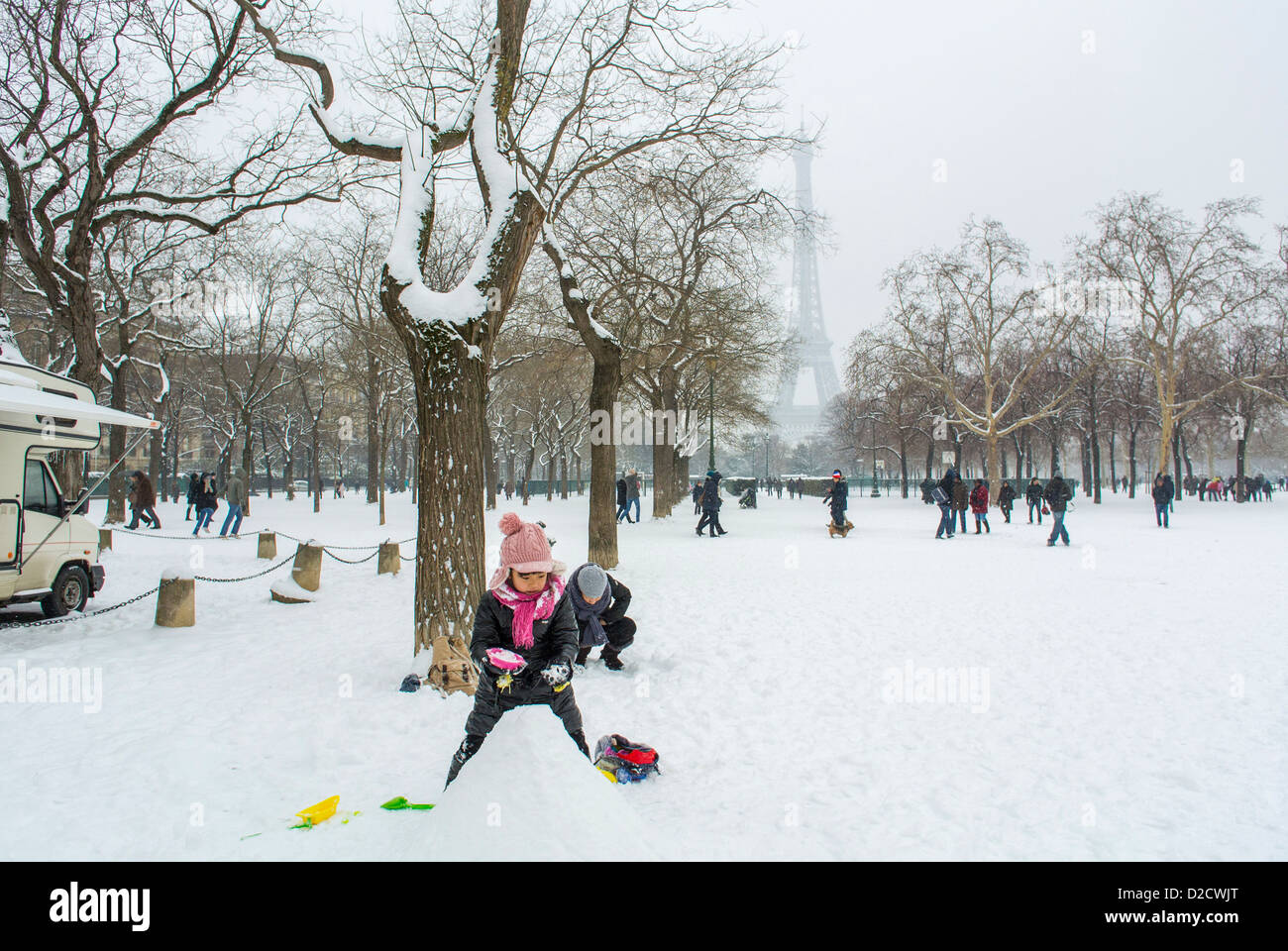 Paris, France, Children Playing, Making Snow Man, Winter Snow Scenics ...
