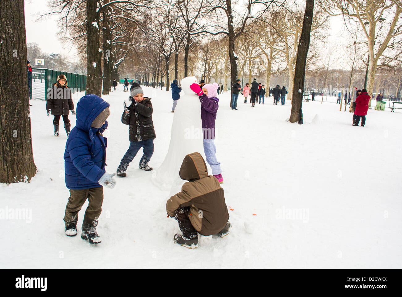 Paris, France, Group Children Playing, Making Snow Man, Winter Snow ...