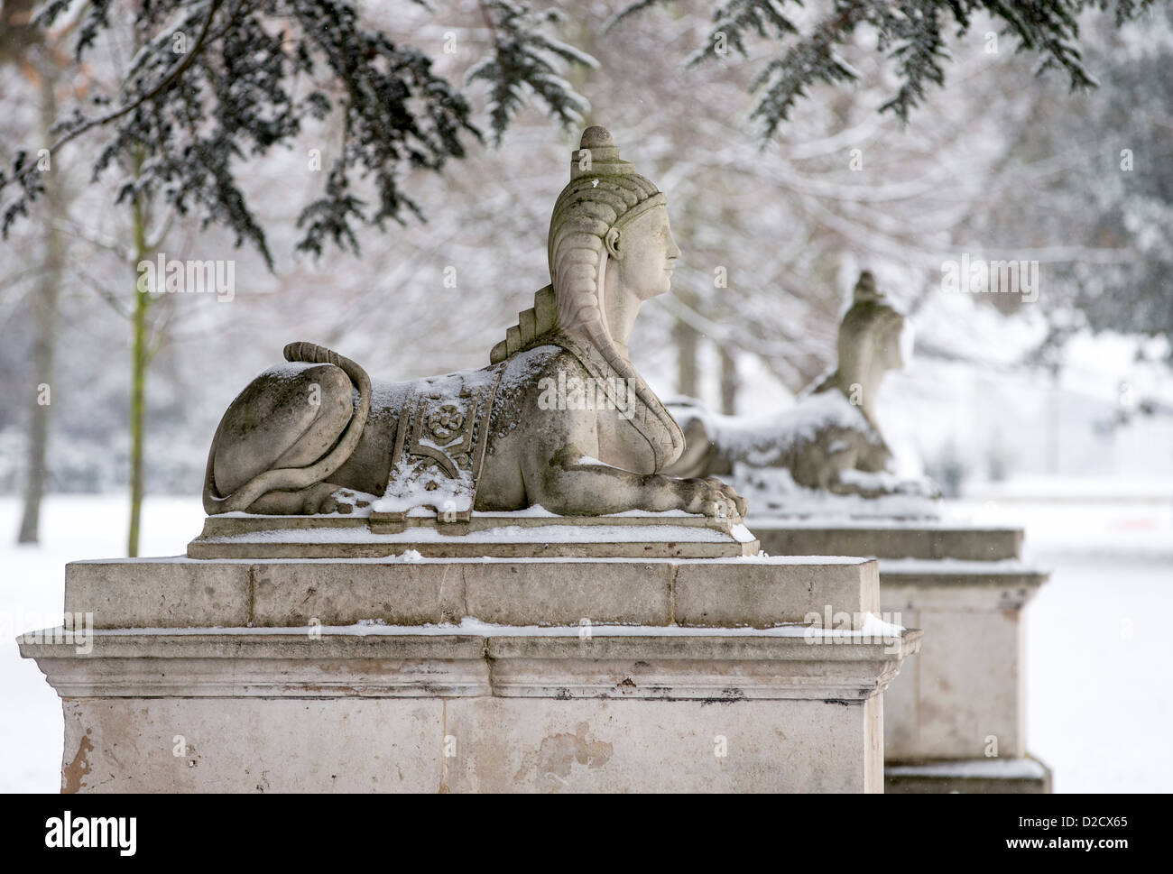 Sphinxes in the grounds of Chiswick House, in the snow Stock Photo - Alamy