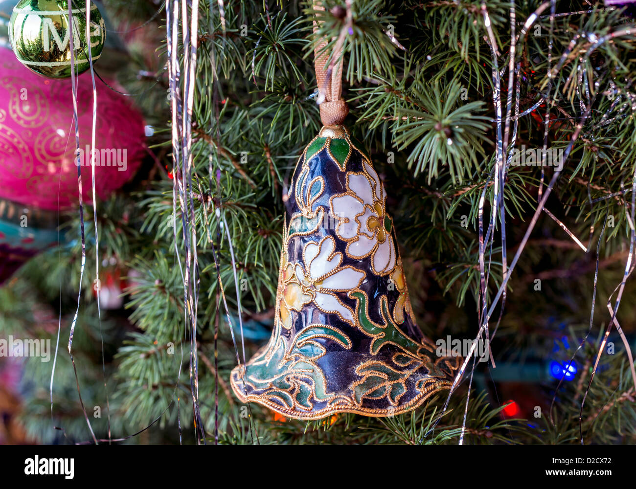 Christmas tree with ornaments and lights Stock Photo - Alamy