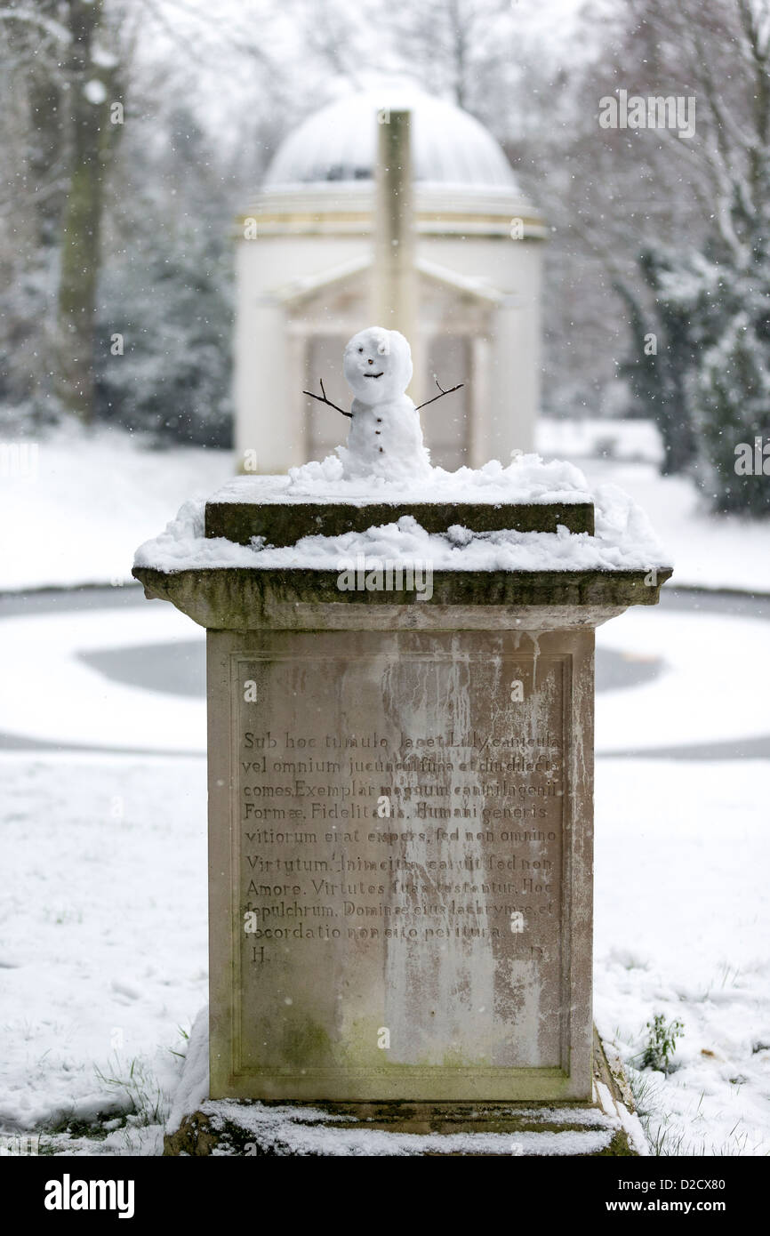 A very small snowman on top of a memorial stone in Chiswick Park with a ...
