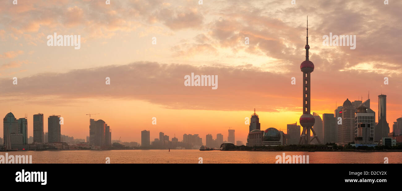 Shanghai morning city skyline silhouette panorama over river Stock ...