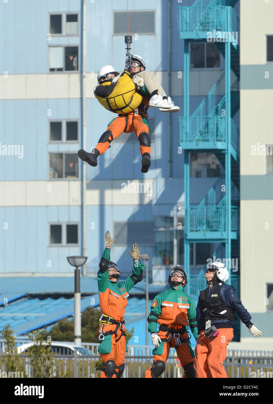 January 20, 2013, Tokyo, Japan - A dummy suvivor is being hoisted to a ...