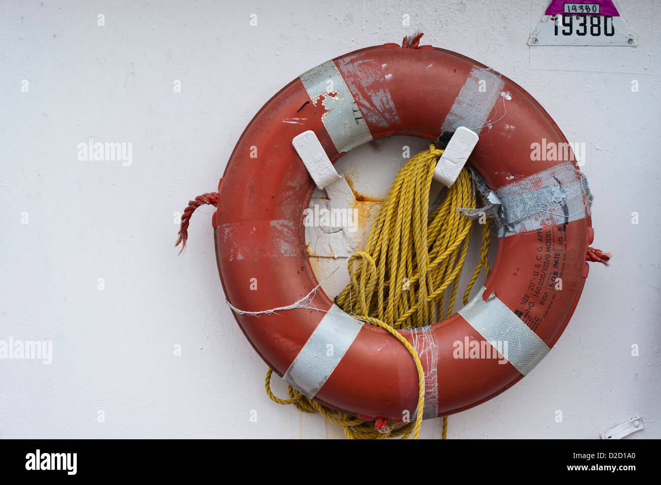Life saver ring and line mounted on commercial fishing boat in Sitka ...