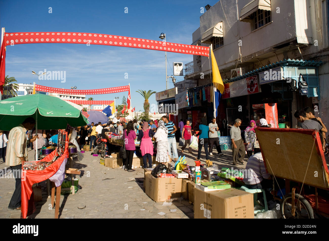 The main shopping street of the Souk in the old town in Sousse, Tunisia ...