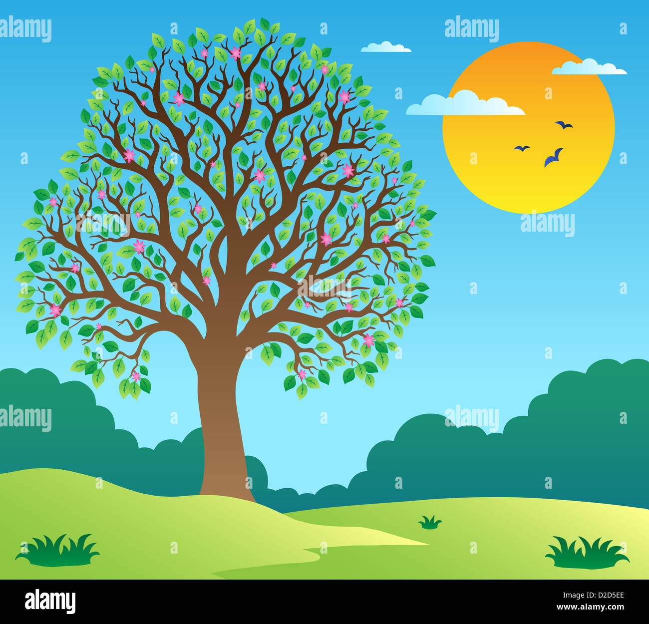 Scenery with leafy tree 1 - picture illustration Stock Photo - Alamy