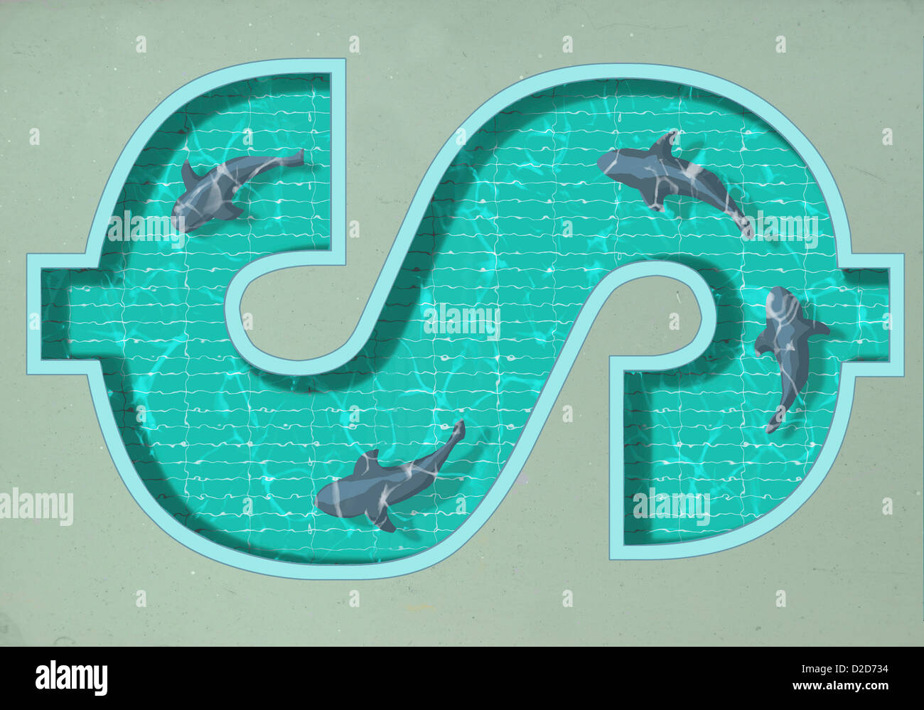A dollar sign shaped swimming pool with four sharks swimming in it ...