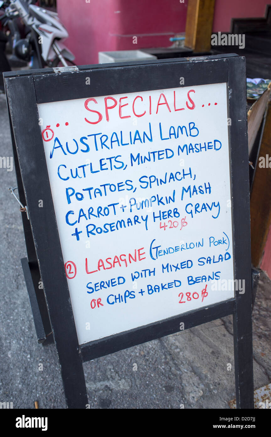 Menu at expat or tourist bar menu Hua Hin Stock Photo - Alamy