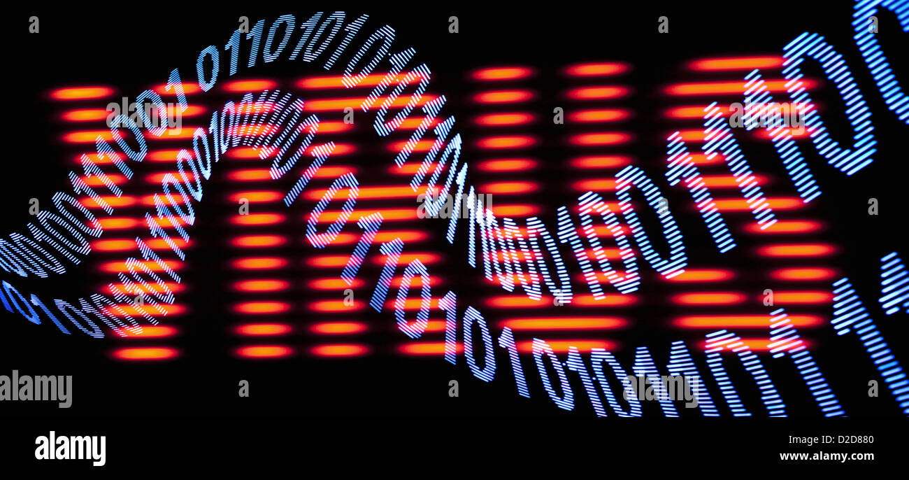 A wave pattern of binary code in front of a sign spelling VIRUS Stock ...