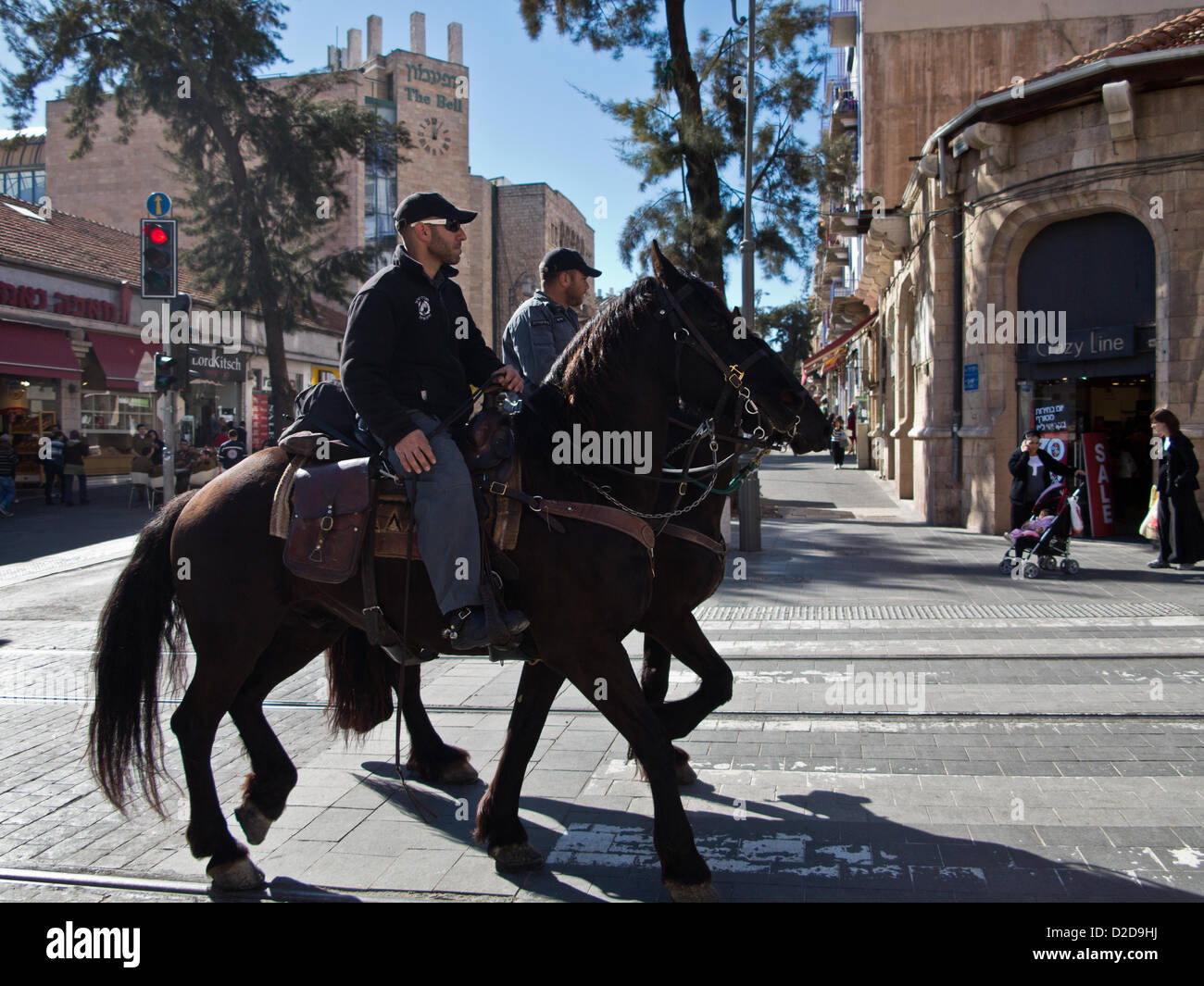 Jerusalem Police horsemen patrol the city center along the tram line 24 ...