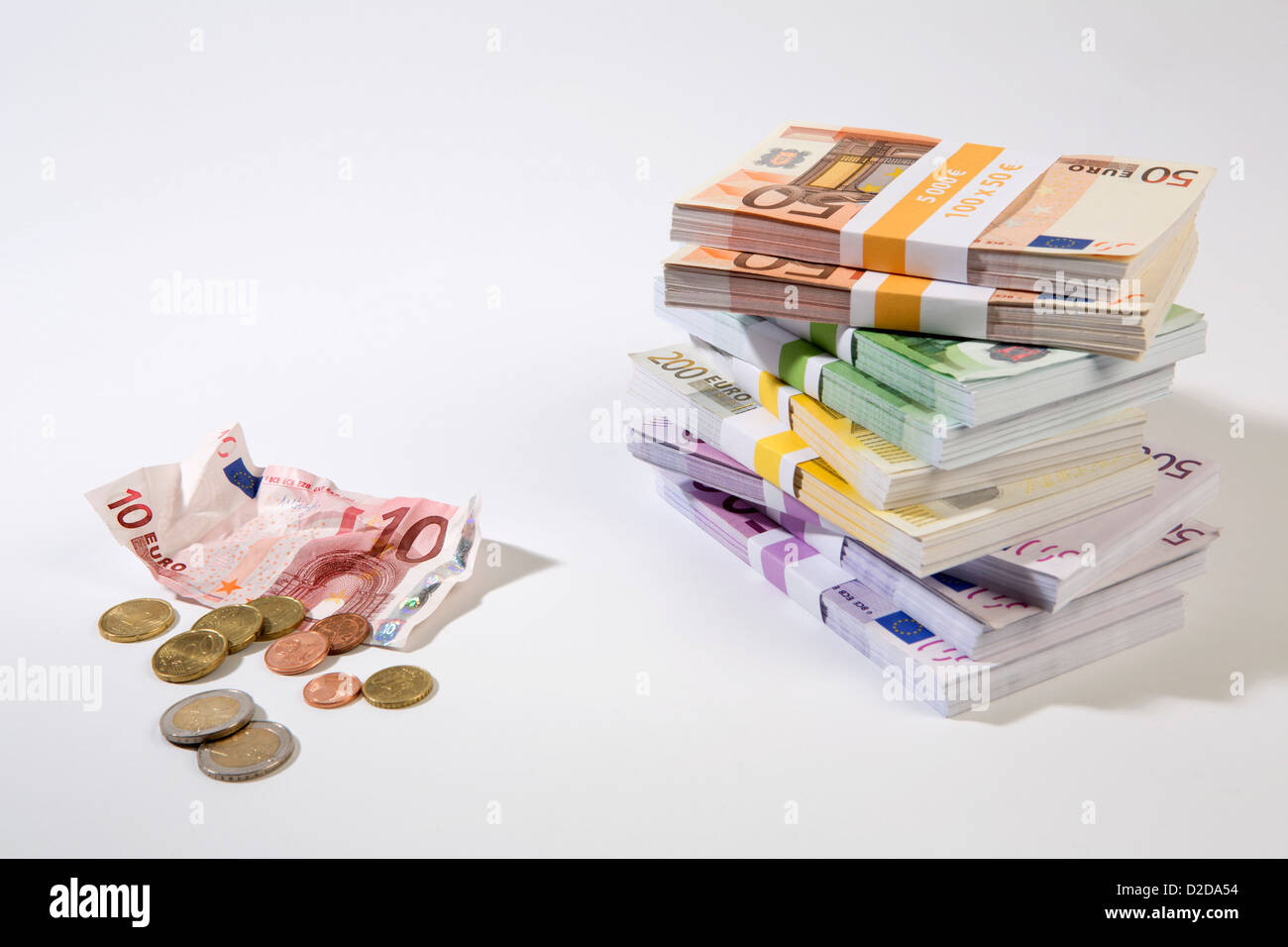 Stack of large billed Euro banknotes next to a crumpled ten note and ...