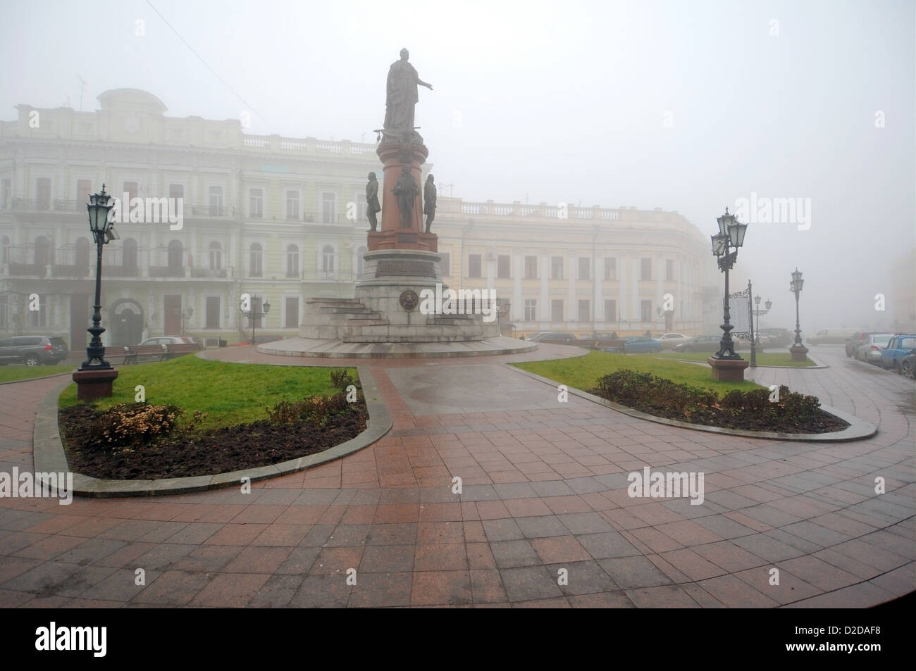 area Catherine the Great, empress of Russia in a fog, Odessa, Ukraine ...