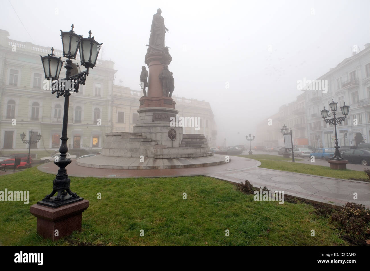 area Catherine the Great, empress of Russia in a fog, Odessa, Ukraine ...