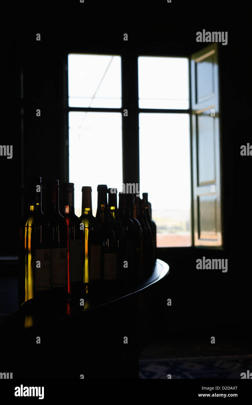 A row of various wine bottles on a bar counter near an open window ...