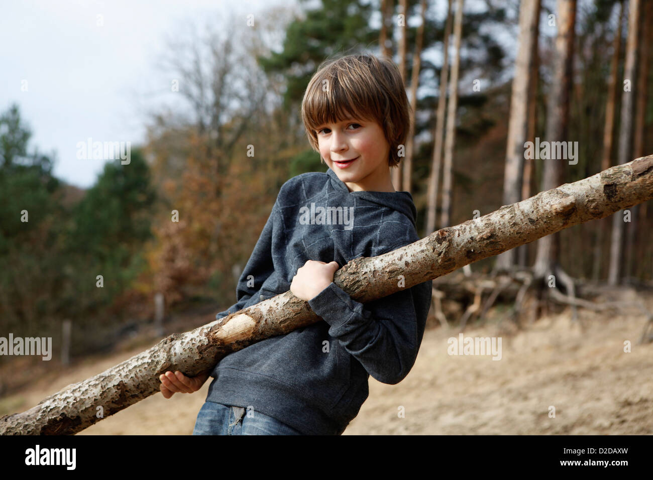 A boy carrying a large branch in a wooded area Stock Photo - Alamy