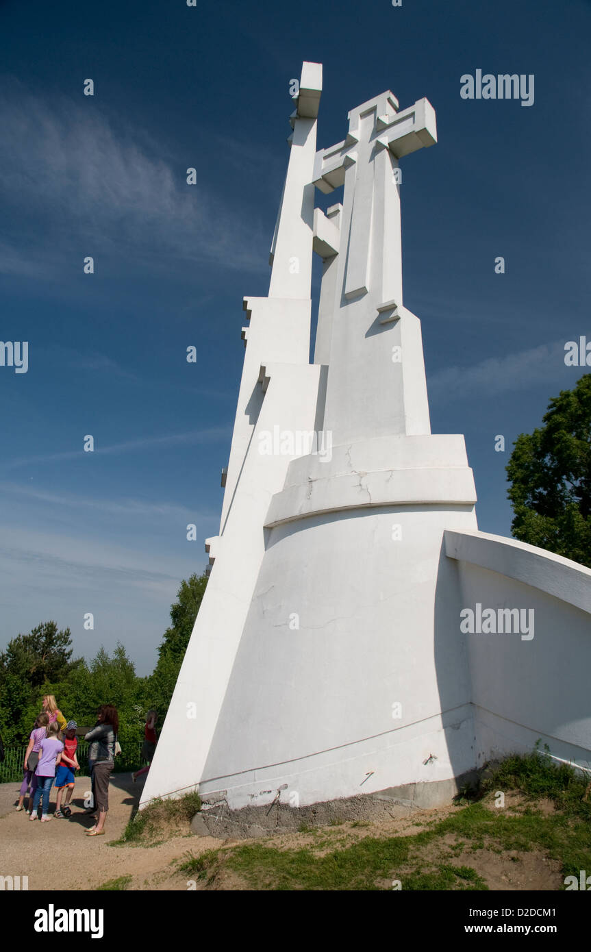 The Hill of Three Crosses monument made of white stone is a prominent ...