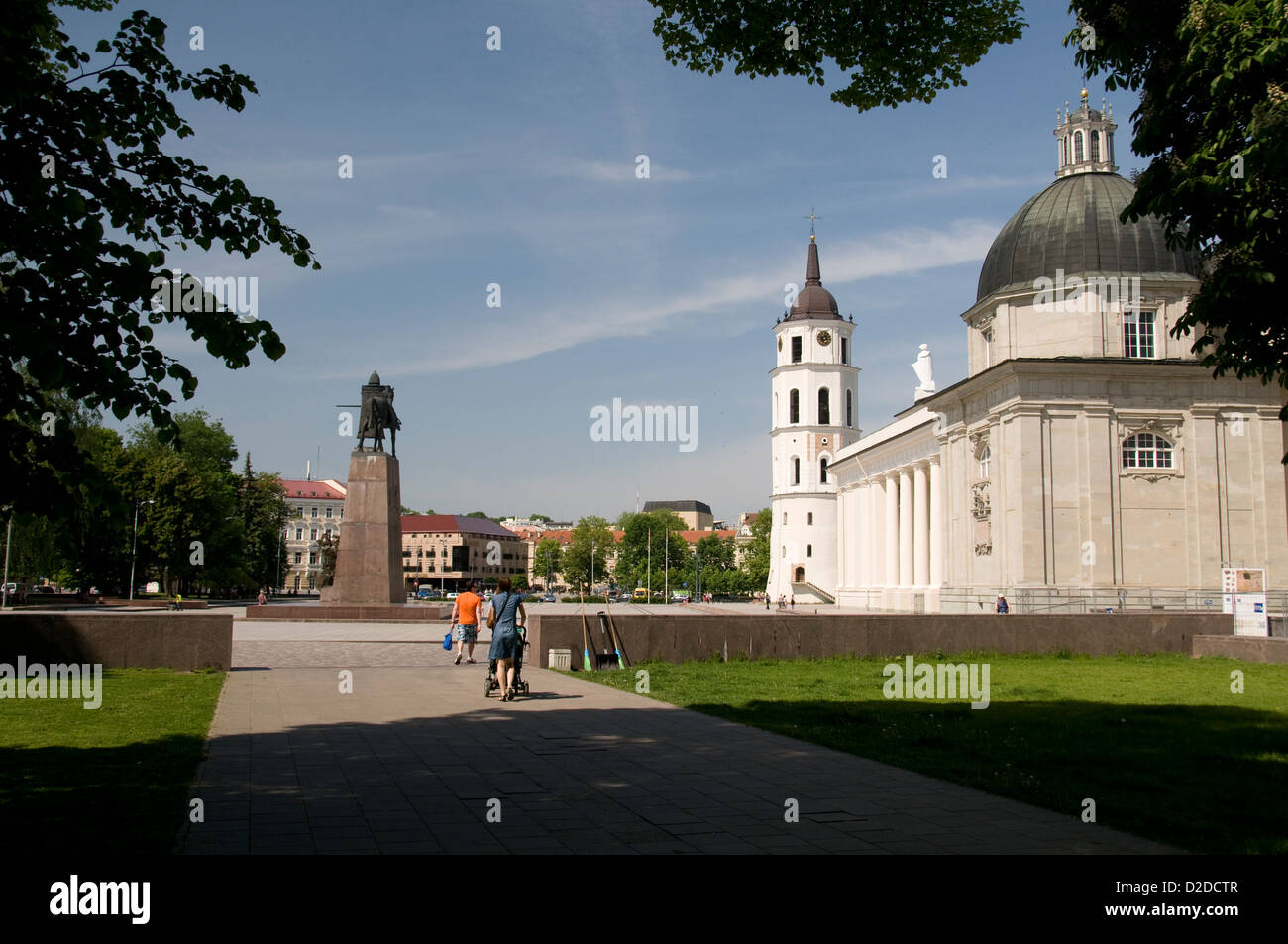 The Belfry and a statue of Gediminas, Grand Duke of Lithuania, the 14th ...