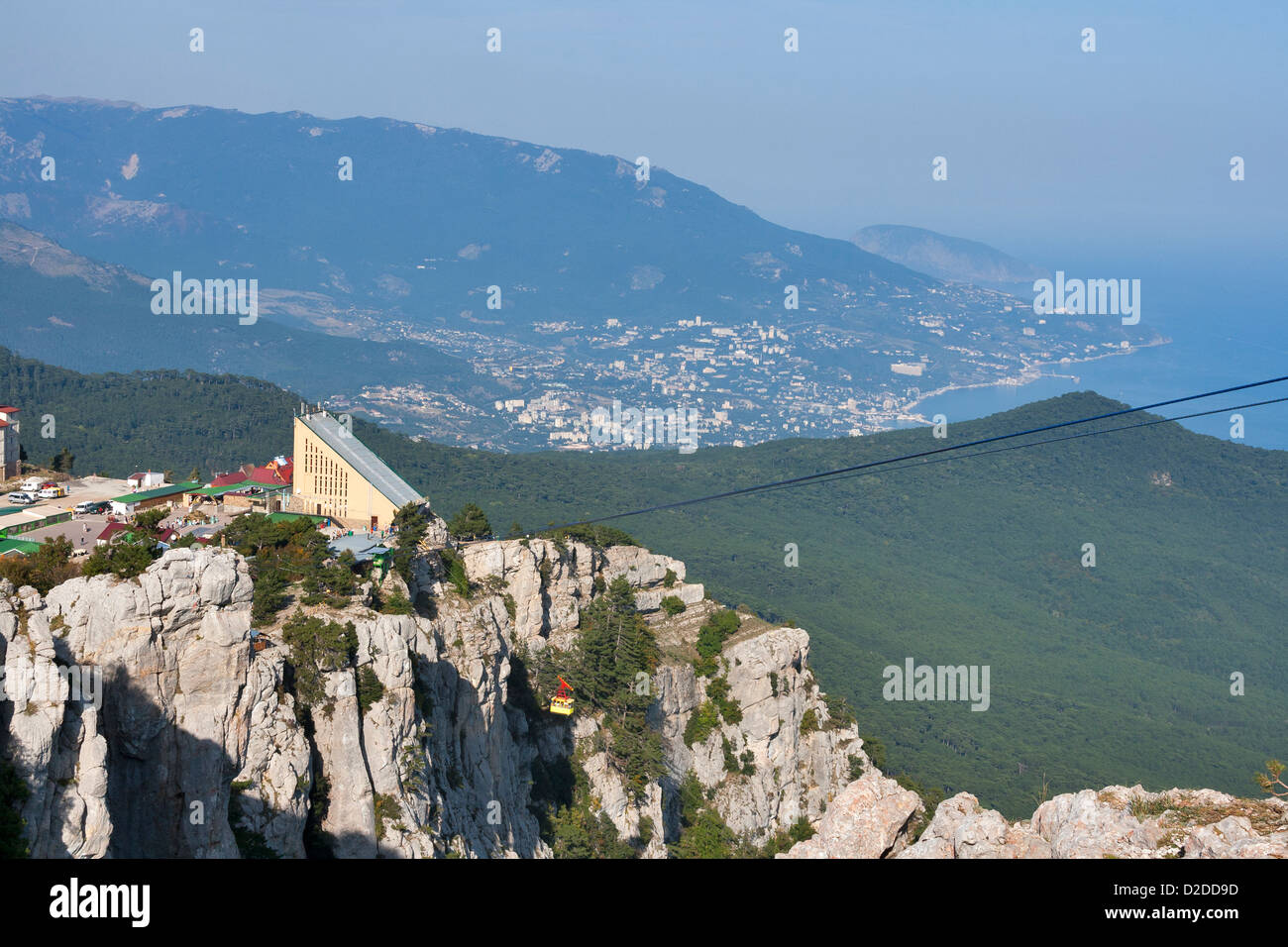 Rope way in Yalta leading to the top of Ai-Petri mountain, upper ...