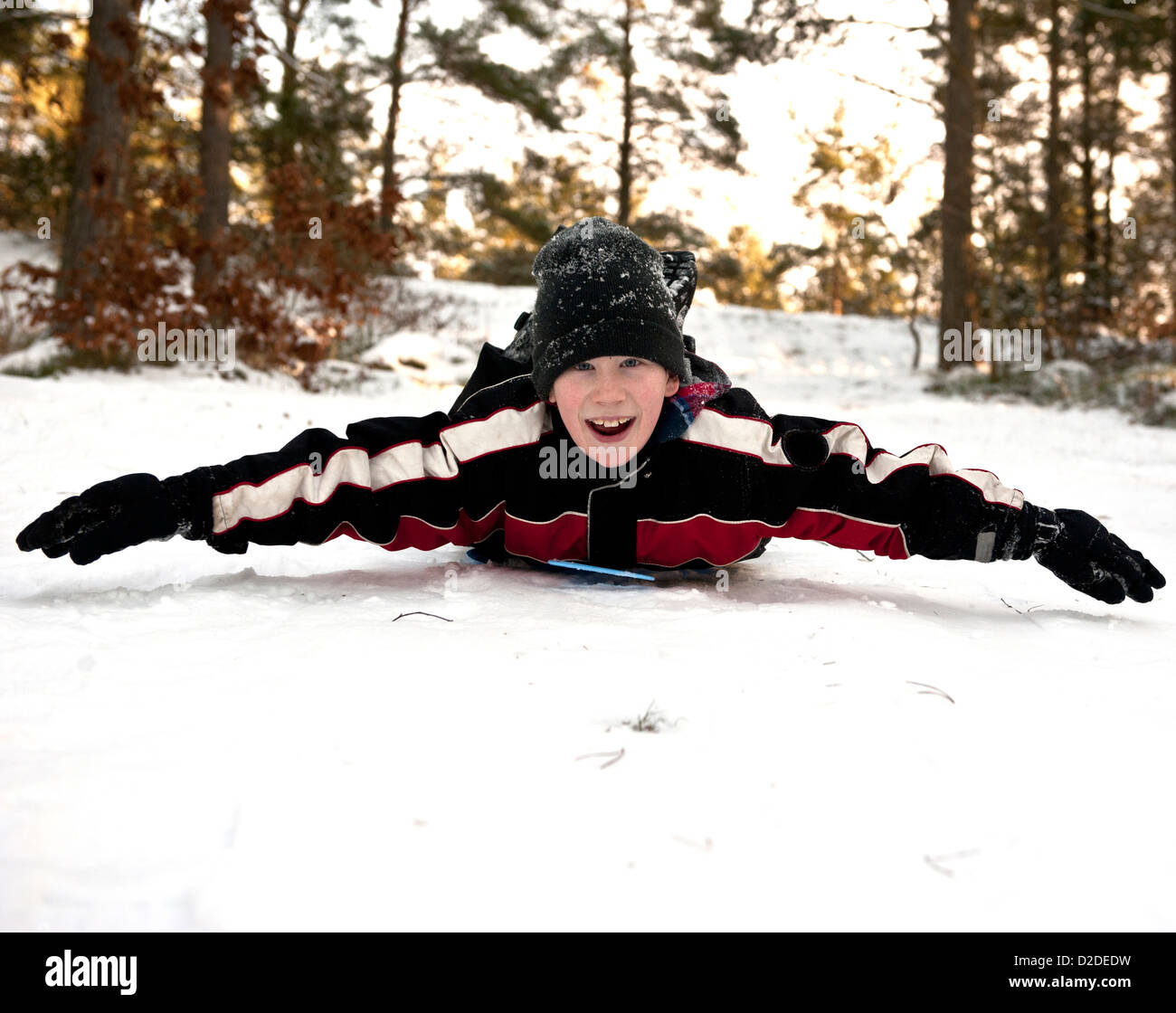 Young boy gliding on his belly in the snow Stock Photo - Alamy