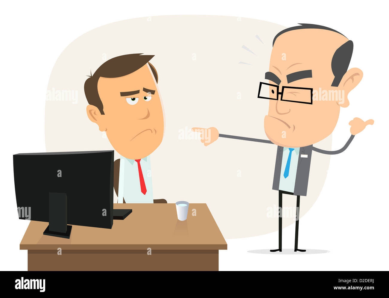 Illustration of a cartoon scene with boss bothering an employee victim ...