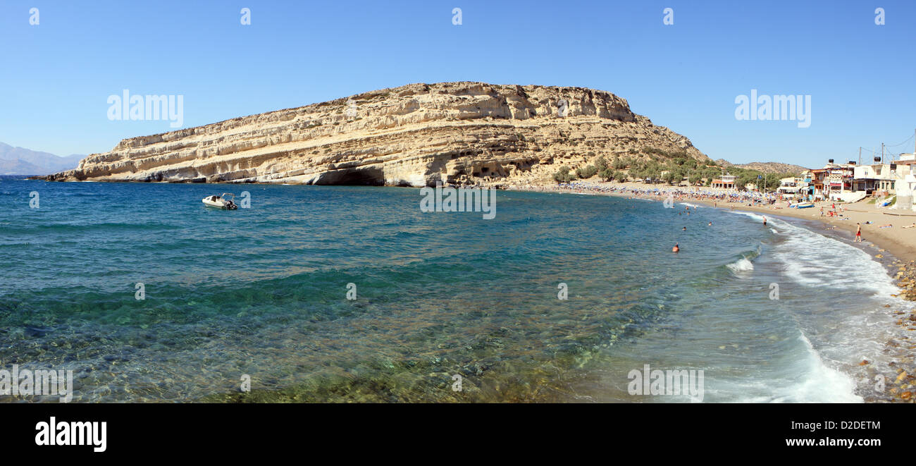 A panoramic view of Matala Bay on Crete, Greece, a famous former Hippie ...
