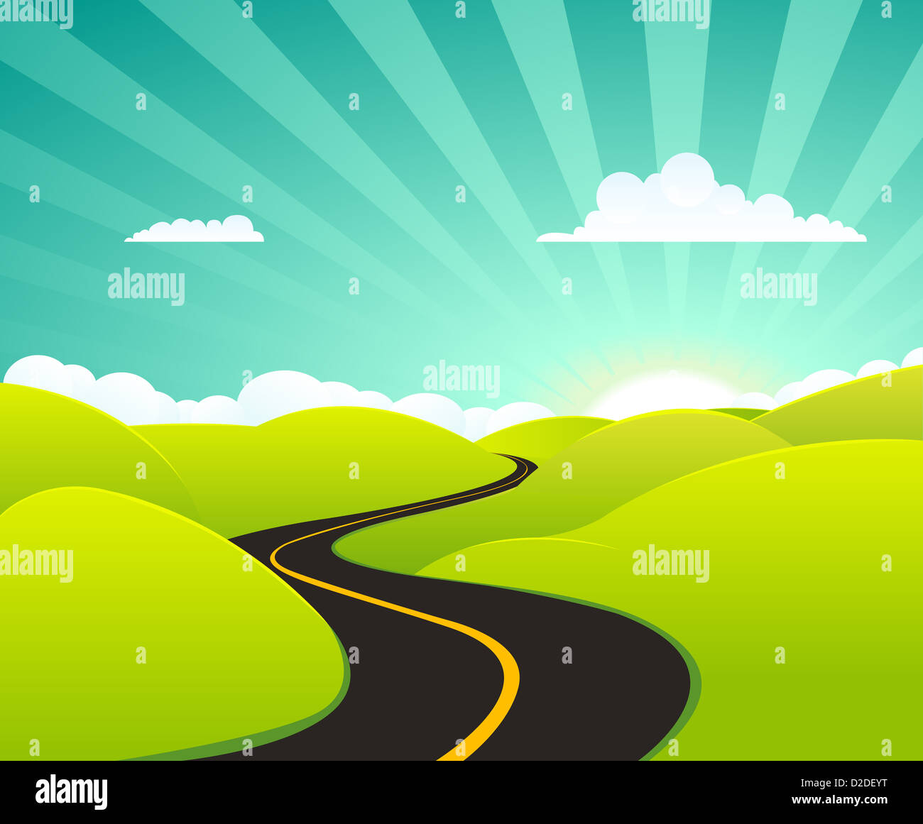 Illustration of a cartoon summer or spring landscape, with road going ...