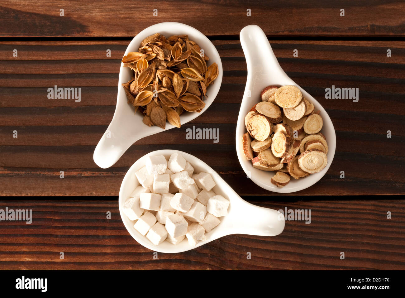 Chinese medial herbs forsythia,liquorice root and poria cocos Stock ...