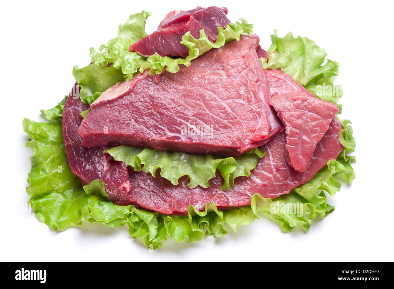 Raw meat on lettuce leaves. Isolated on white Stock Photo - Alamy