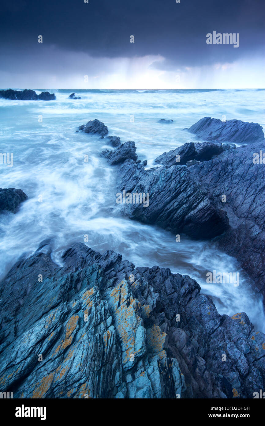 Nightfall approachs Sharrow Beach Whitsand Bay Cornwall UK Stock Photo ...