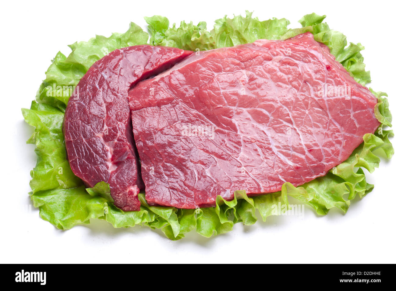 Raw meat on lettuce leaves. Isolated on white Stock Photo - Alamy