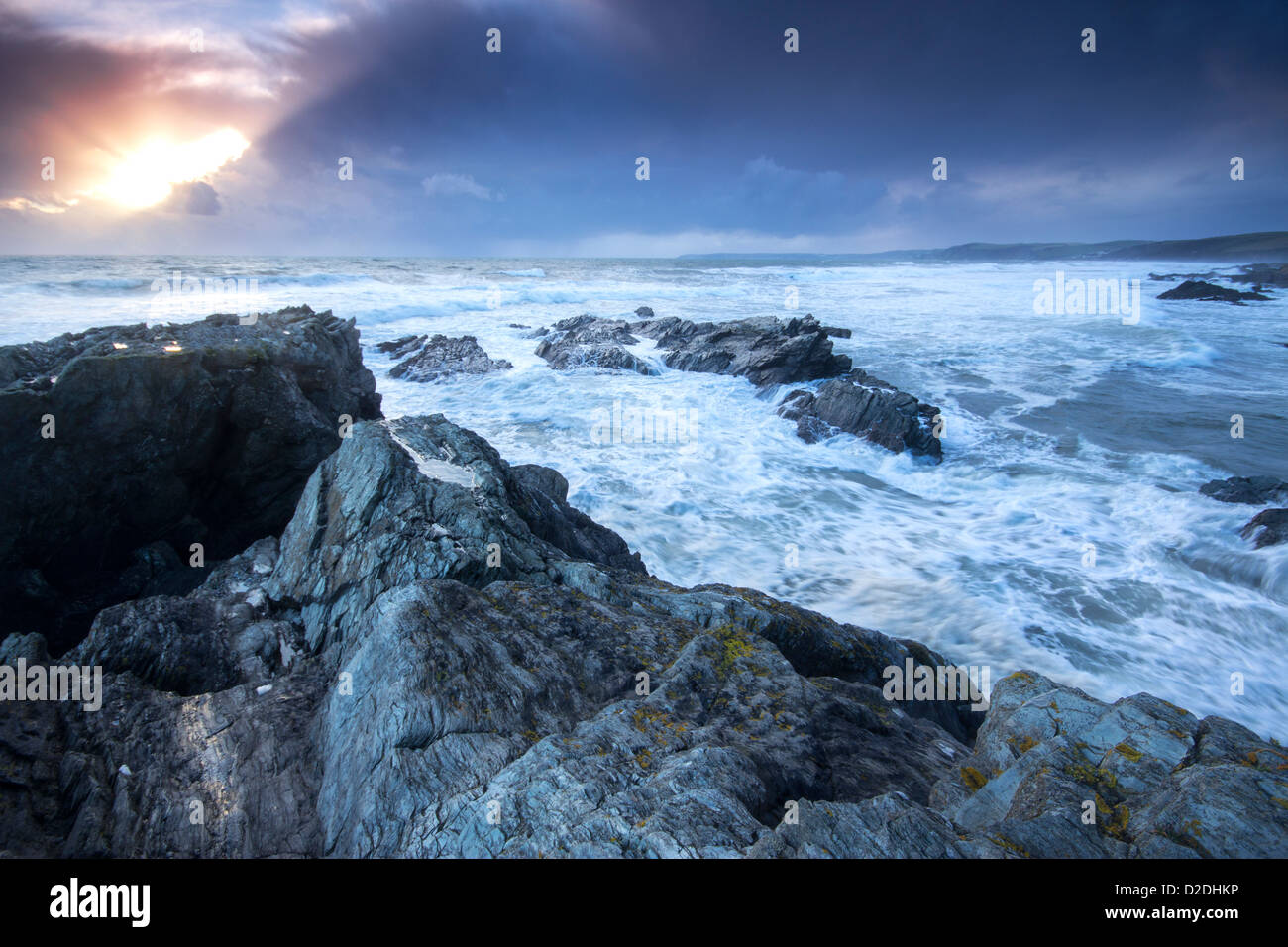 Nightfall approachs Sharrow Beach Whitsand Bay Cornwall UK Stock Photo ...
