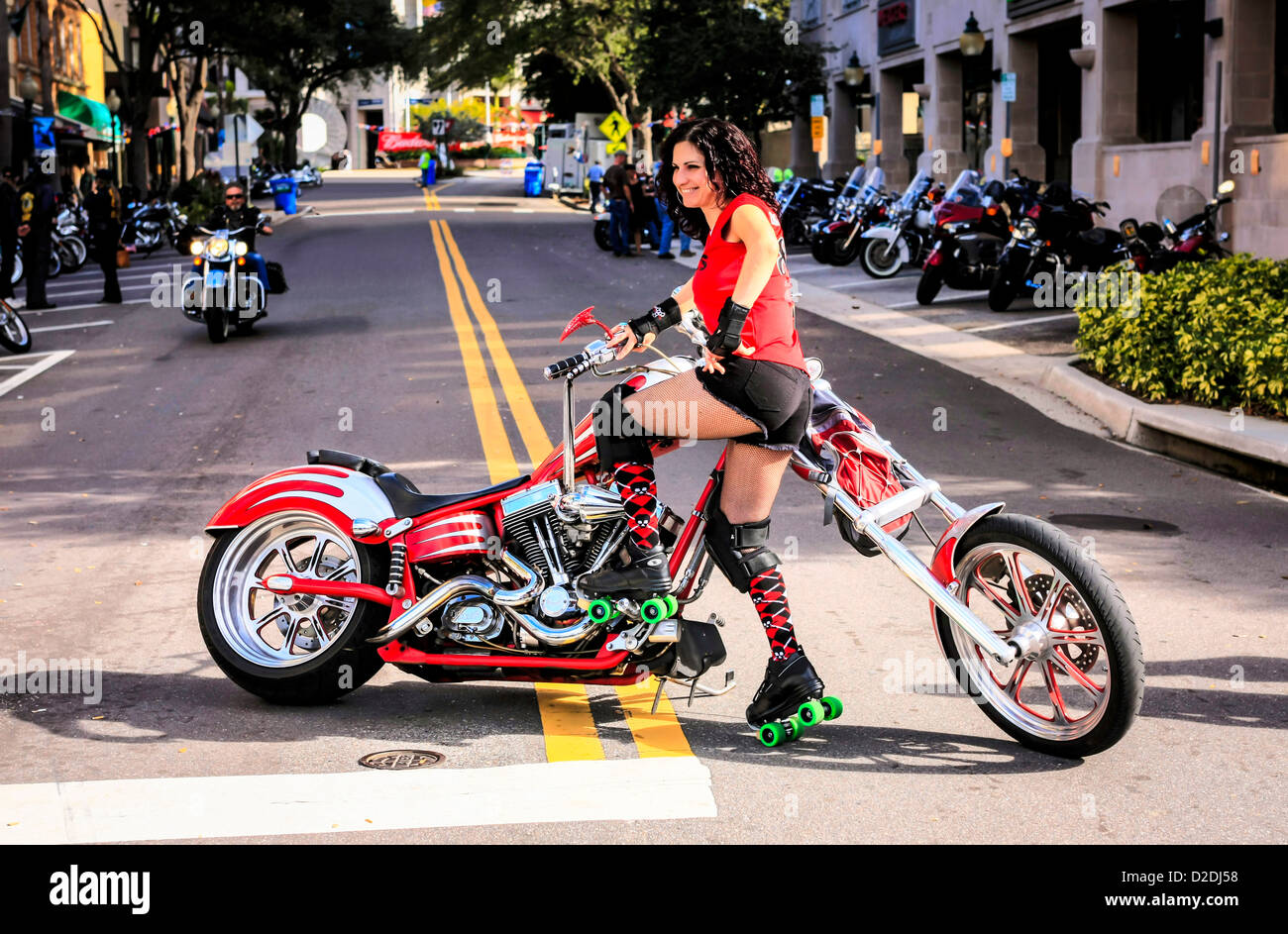Model posing on one of the bikes at the Thunder in the Bay motorcycle ...