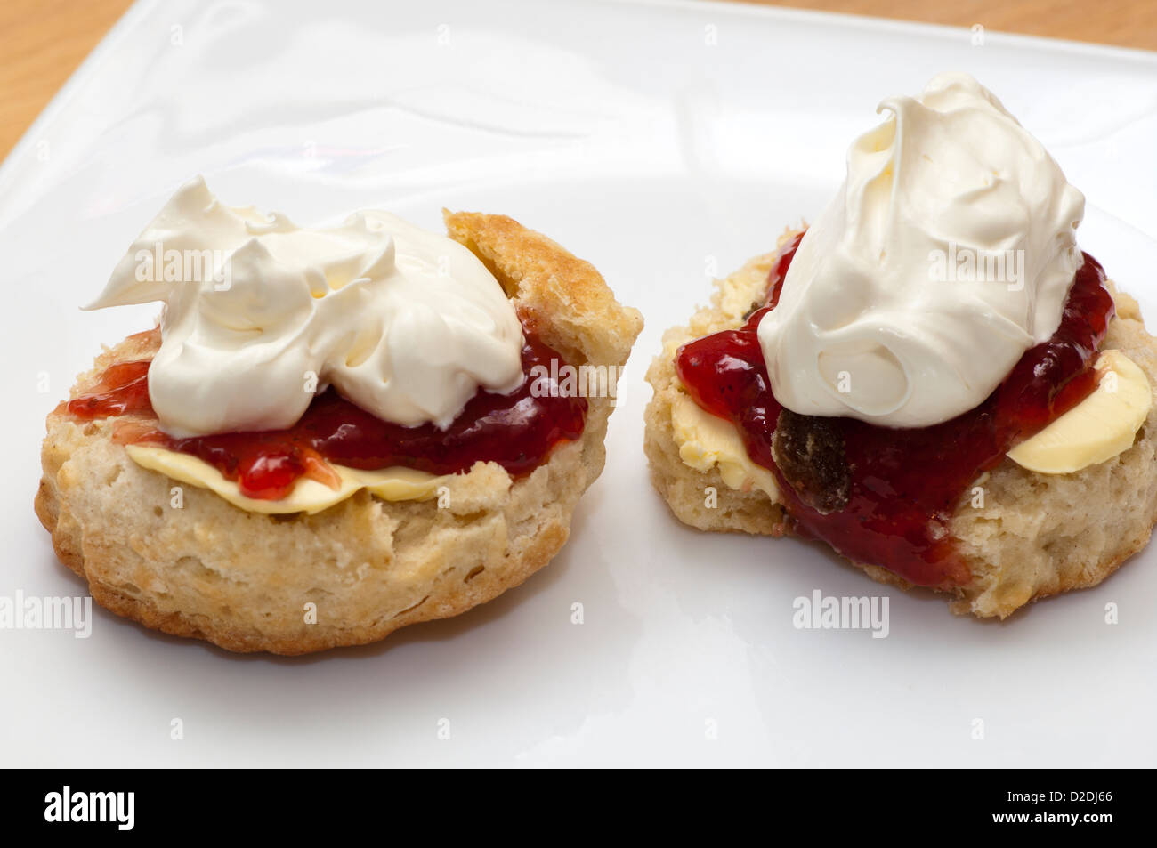 Two Fruit Scones With Jam and Cream On A Plate Stock Photo - Alamy