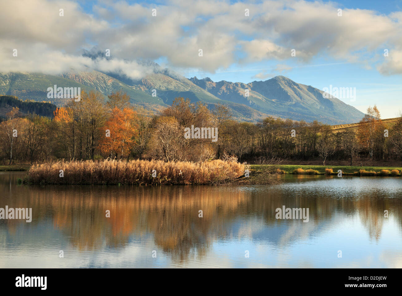 Early morning light over the fishing pond at Tatranska Strbe in the ...