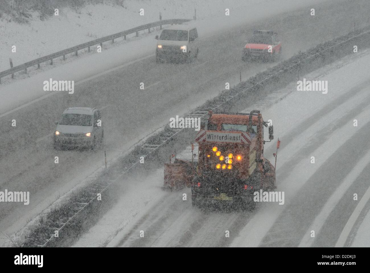 A vehichle clears the snow on Autobahn A3 near Schwarzbach, Germany, 21 ...